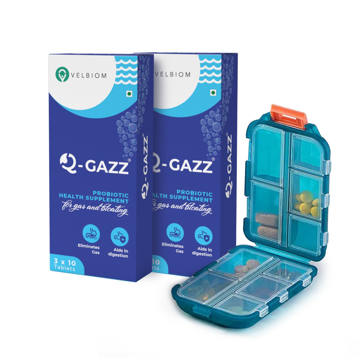 Velbiom Q-gazz for gas, bloating, indigestion, acidity + Portable Trav